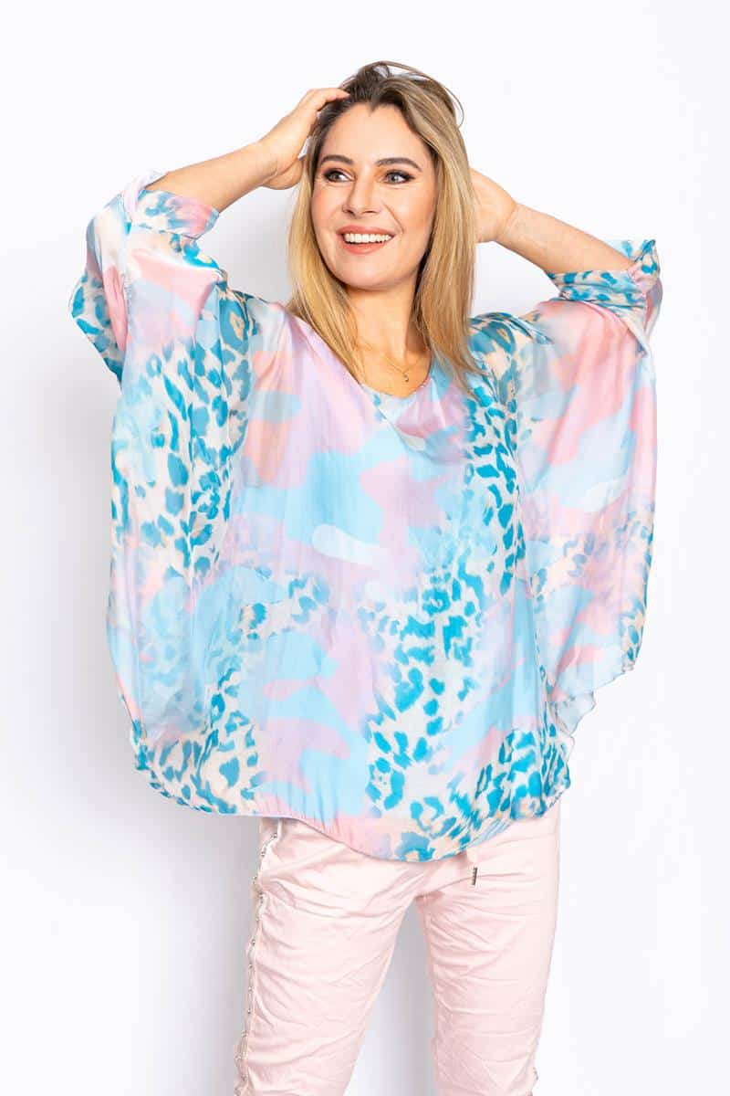 DP1688MultiAq Nadia Multi Aqua Batwing Silk with abstract print (2 ...
